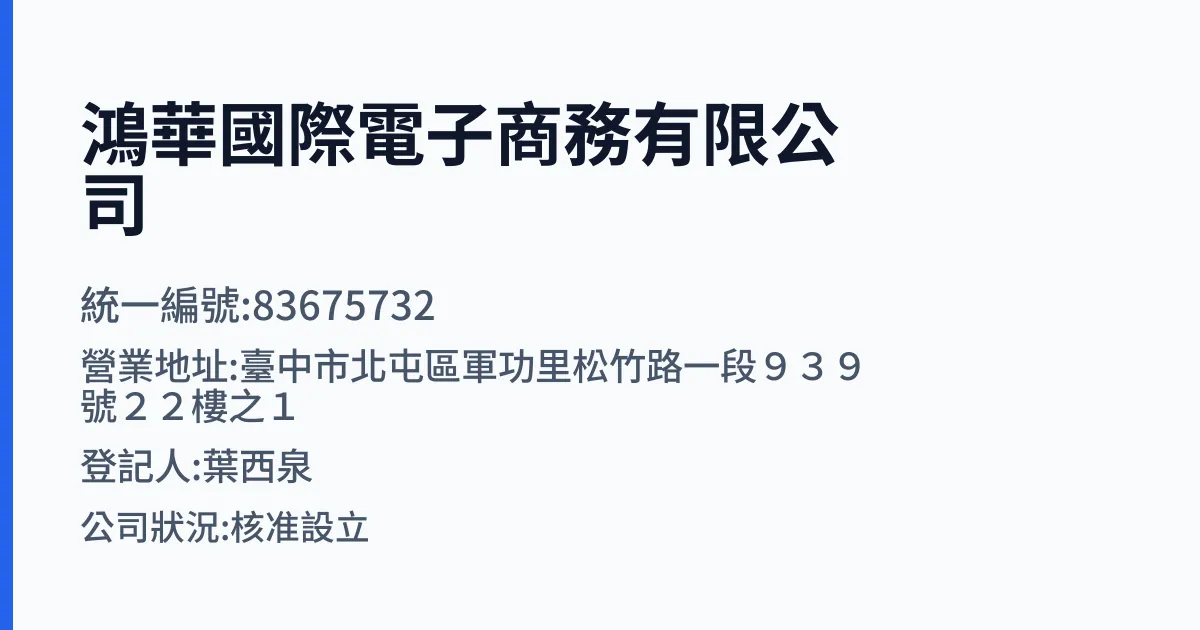 鴻華國際電子商務有限公司 - 統編 83675732(臺中市) 公司登記資料與營業項目詳細圖表