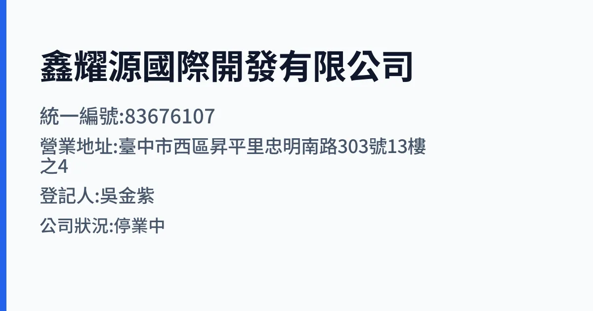 鑫耀源國際開發有限公司 - 統編 83676107(臺中市) 公司登記資料與營業項目詳細圖表