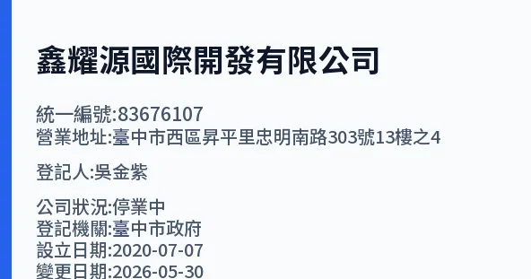 鑫耀源國際開發有限公司的照片-統編 83676107(臺中市) 公司登記資料與營業項目詳細圖表