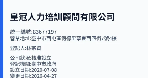 皇冠人力培訓顧問有限公司的照片-統編 83677197(臺中市) 公司登記資料與營業項目詳細圖表
