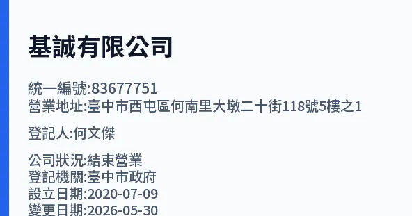 基誠有限公司的照片-統編 83677751(臺中市) 公司登記資料與營業項目詳細圖表