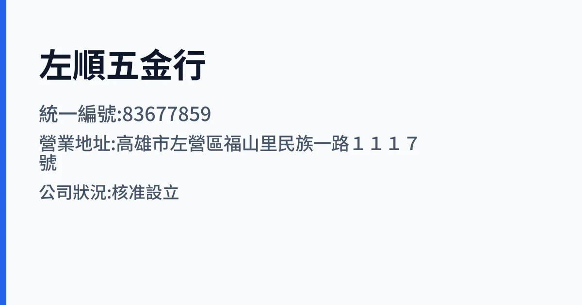 左順五金行 - 統編 83677859(高雄市) 公司登記資料與營業項目詳細圖表