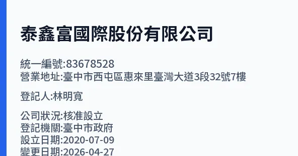 泰鑫富國際股份有限公司的照片-統編 83678528(臺中市) 公司登記資料與營業項目詳細圖表
