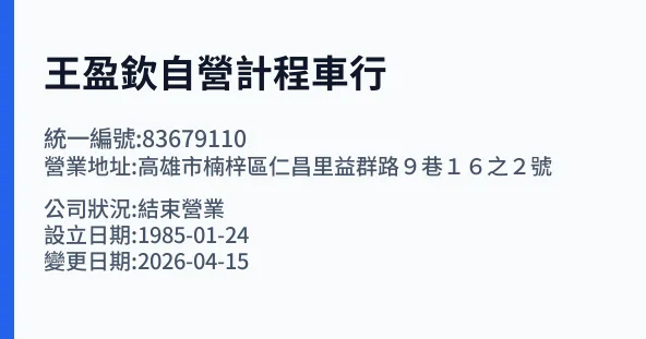 王盈欽自營計程車行的照片-統編 83679110(高雄市) 公司登記資料與營業項目詳細圖表