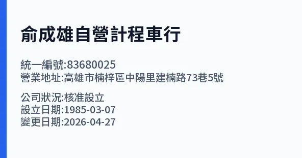俞成雄自營計程車行的照片-統編 83680025(高雄市) 公司登記資料與營業項目詳細圖表