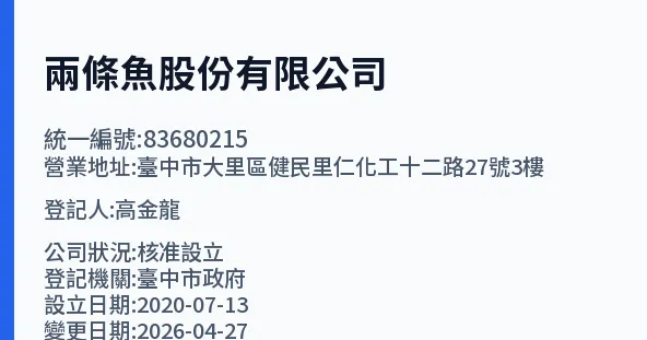 兩條魚股份有限公司的照片-統編 83680215(臺中市) 公司登記資料與營業項目詳細圖表