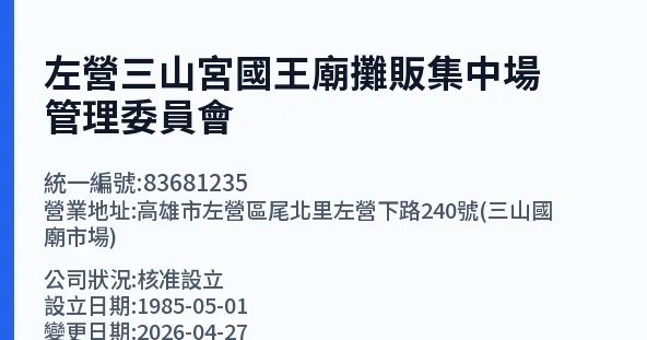 左營三山宮國王廟攤販集中場管理委員會的照片-統編 83681235(高雄市) 公司登記資料與營業項目詳細圖表