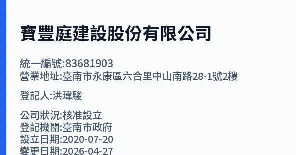 寶豐庭建設股份有限公司的照片-統編 83681903(臺南市) 公司登記資料與營業項目詳細圖表