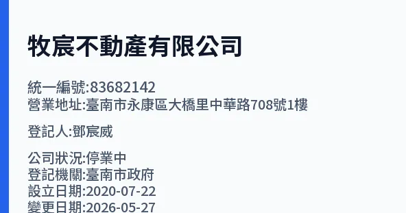 牧宸不動產有限公司的照片-統編 83682142(臺南市) 公司登記資料與營業項目詳細圖表