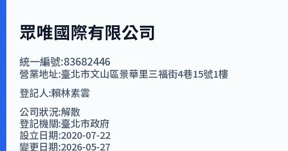 眾唯國際有限公司的照片-統編 83682446(臺北市) 公司登記資料與營業項目詳細圖表