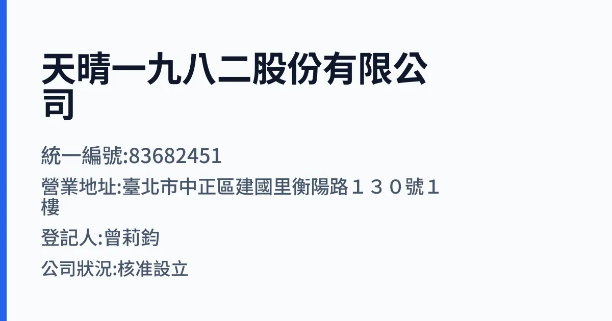 天晴一九八二股份有限公司 - 統編 83682451(臺北市) 公司登記資料與營業項目詳細圖表