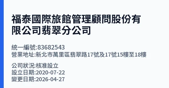 福泰國際旅館管理顧問股份有限公司翡翠分公司的照片-統編 83682543(新北市) 公司登記資料與營業項目詳細圖表