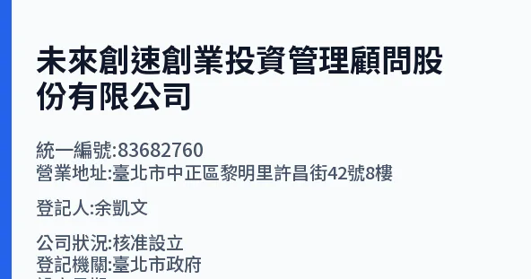 未來創速創業投資管理顧問股份有限公司的照片-統編 83682760(臺北市) 公司登記資料與營業項目詳細圖表