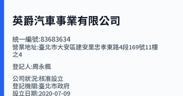 英爵汽車事業有限公司的照片-統編 83683634(臺北市) 公司登記資料與營業項目詳細圖表