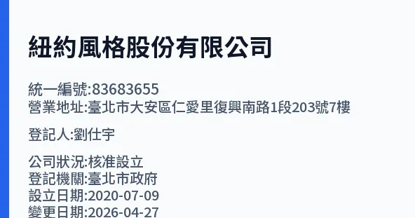 紐約風格股份有限公司的照片-統編 83683655(臺北市) 公司登記資料與營業項目詳細圖表