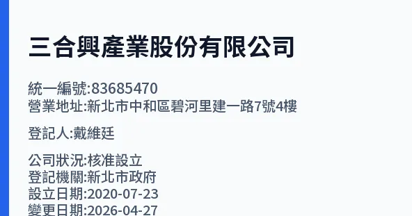 三合興產業股份有限公司的照片-統編 83685470(新北市) 公司登記資料與營業項目詳細圖表