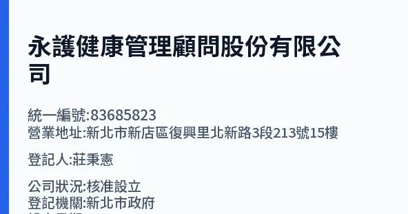 永護健康管理顧問股份有限公司的照片-統編 83685823(新北市) 公司登記資料與營業項目詳細圖表