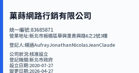 菓蒔網路行銷有限公司的照片-統編 83685871(新北市) 公司登記資料與營業項目詳細圖表
