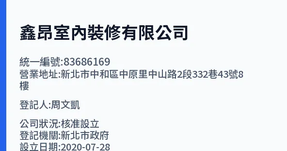 鑫昂室內裝修有限公司的照片-統編 83686169(新北市) 公司登記資料與營業項目詳細圖表