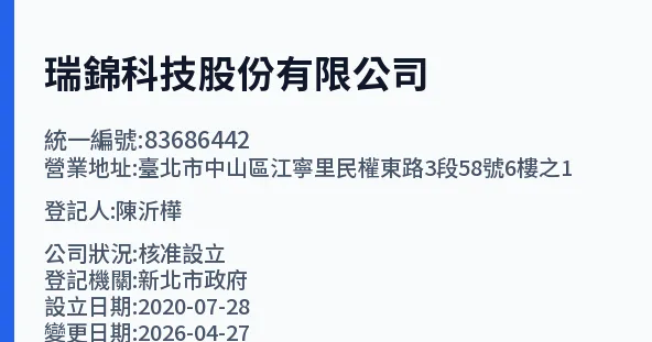 瑞錦科技股份有限公司的照片-統編 83686442(臺北市) 公司登記資料與營業項目詳細圖表