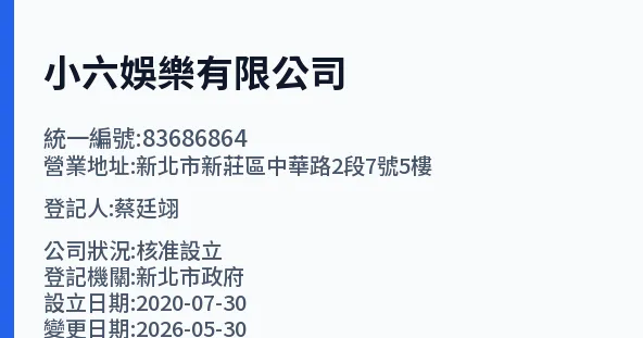小六娛樂有限公司的照片-統編 83686864(新北市) 公司登記資料與營業項目詳細圖表