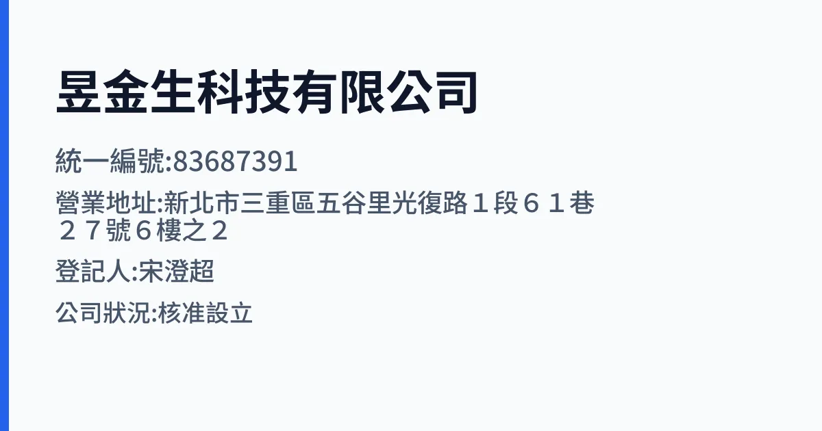 昱金生科技有限公司 - 統編 83687391(新北市) 公司登記資料與營業項目詳細圖表