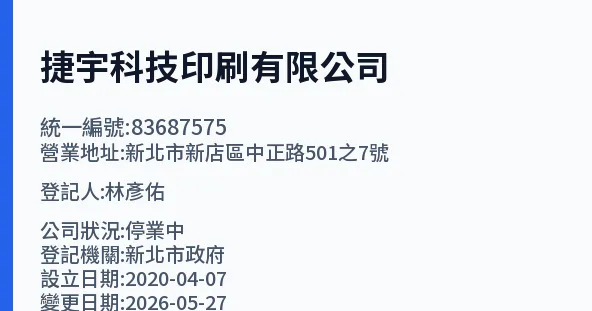 捷宇科技印刷有限公司的照片-統編 83687575(新北市) 公司登記資料與營業項目詳細圖表