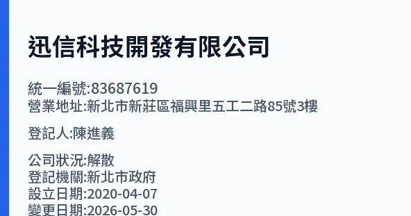 迅信科技開發有限公司的照片-統編 83687619(新北市) 公司登記資料與營業項目詳細圖表