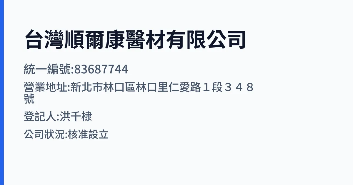 台灣順爾康醫材有限公司 - 統編 83687744(新北市) 公司登記資料與營業項目詳細圖表