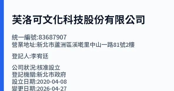 芙洛可文化科技股份有限公司的照片-統編 83687907(新北市) 公司登記資料與營業項目詳細圖表