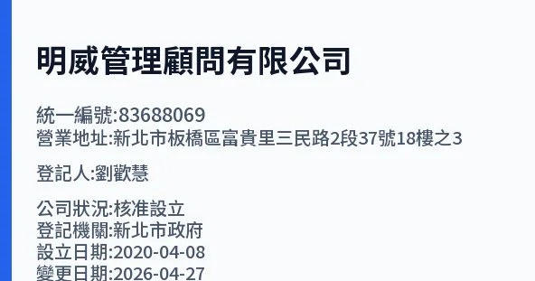 明威管理顧問有限公司的照片-統編 83688069(新北市) 公司登記資料與營業項目詳細圖表