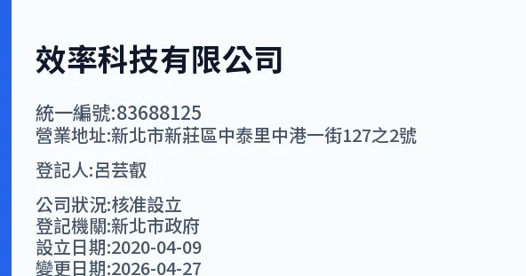 效率科技有限公司的照片-統編 83688125(新北市) 公司登記資料與營業項目詳細圖表