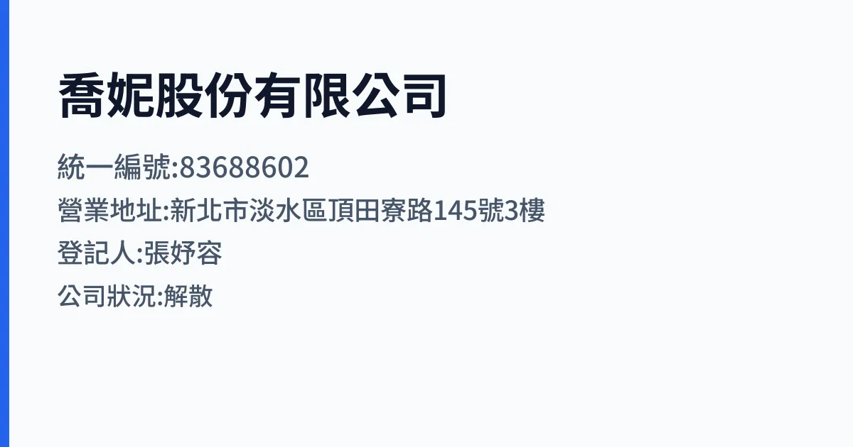 喬妮股份有限公司 - 統編 83688602(新北市) 公司登記資料與營業項目詳細圖表
