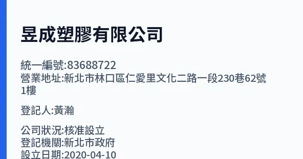 昱成塑膠有限公司的照片-統編 83688722(新北市) 公司登記資料與營業項目詳細圖表
