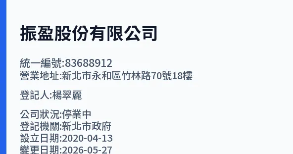振盈股份有限公司的照片-統編 83688912(新北市) 公司登記資料與營業項目詳細圖表
