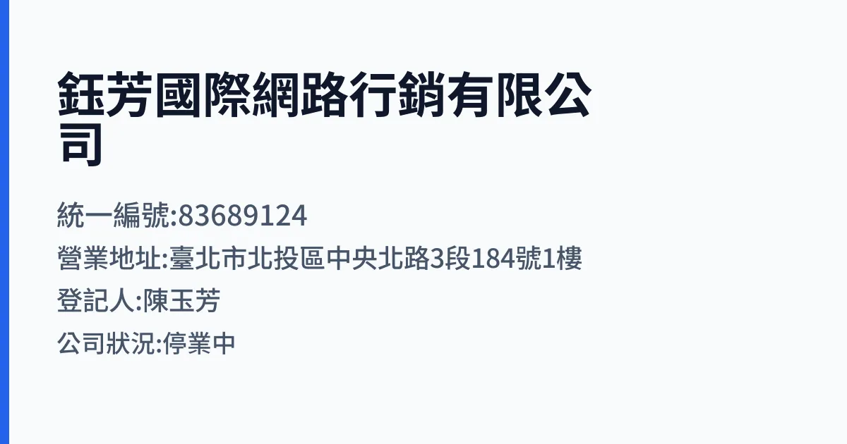 鈺芳國際網路行銷有限公司 - 統編 83689124(臺北市) 公司登記資料與營業項目詳細圖表