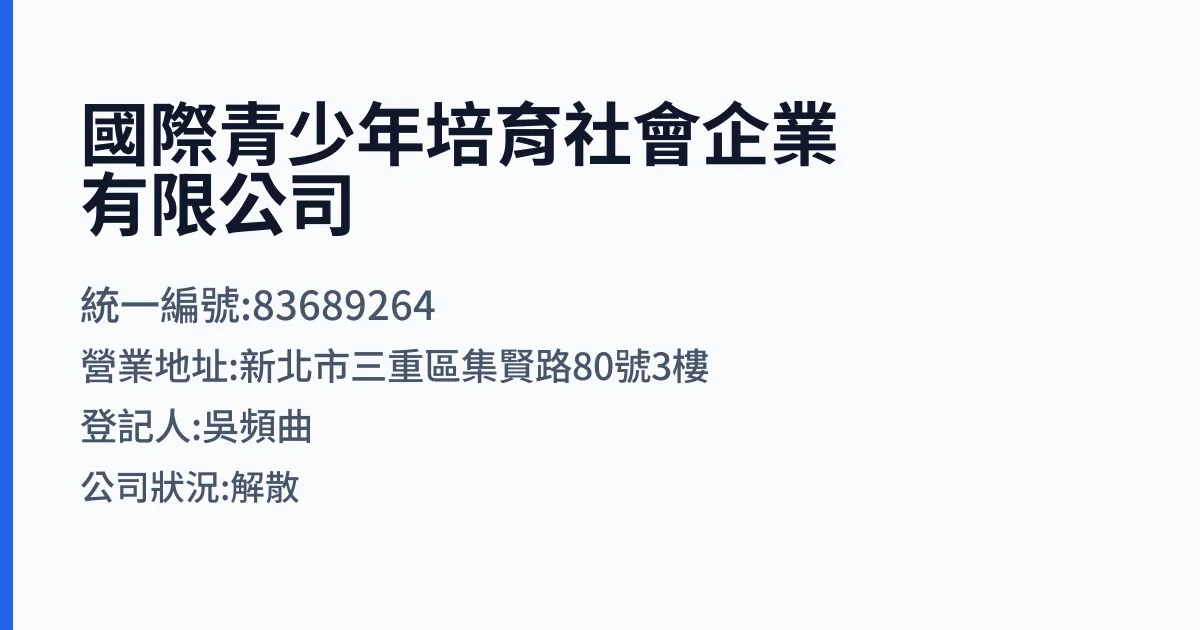 國際青少年培育社會企業有限公司 - 統編 83689264(新北市) 公司登記資料與營業項目詳細圖表