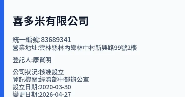 喜多米有限公司的照片-統編 83689341(雲林縣) 公司登記資料與營業項目詳細圖表