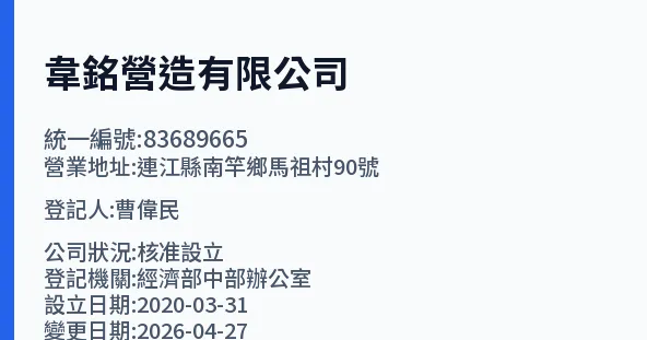 韋銘營造有限公司的照片-統編 83689665(連江縣) 公司登記資料與營業項目詳細圖表