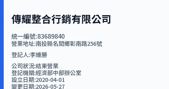 傳耀整合行銷有限公司的照片-統編 83689840(南投縣) 公司登記資料與營業項目詳細圖表