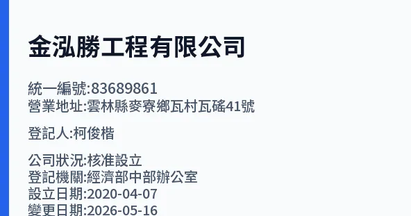金泓勝工程有限公司的照片-統編 83689861(雲林縣) 公司登記資料與營業項目詳細圖表