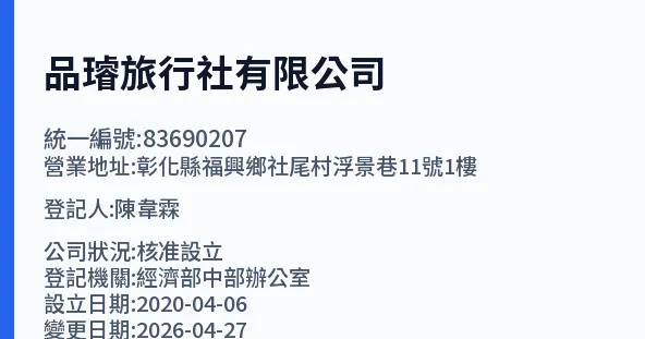 品璿旅行社有限公司的照片-統編 83690207(彰化縣) 公司登記資料與營業項目詳細圖表