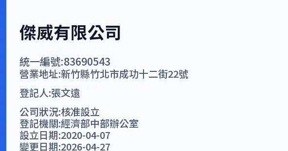 傑威有限公司的照片-統編 83690543(新竹縣) 公司登記資料與營業項目詳細圖表