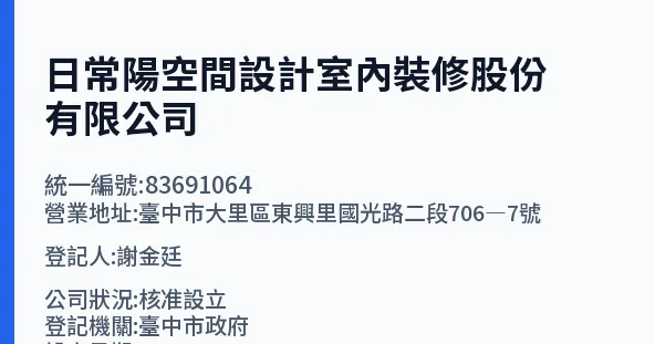 日常陽空間設計室內裝修股份有限公司的照片-統編 83691064(臺中市) 公司登記資料與營業項目詳細圖表