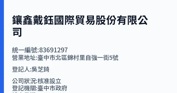 鑲鑫戴鈺國際貿易股份有限公司的照片-統編 83691297(臺中市) 公司登記資料與營業項目詳細圖表