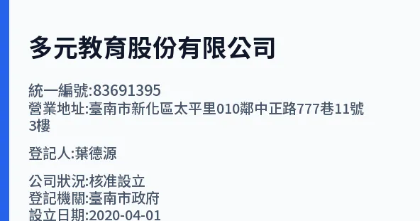 多元教育股份有限公司的照片-統編 83691395(臺南市) 公司登記資料與營業項目詳細圖表