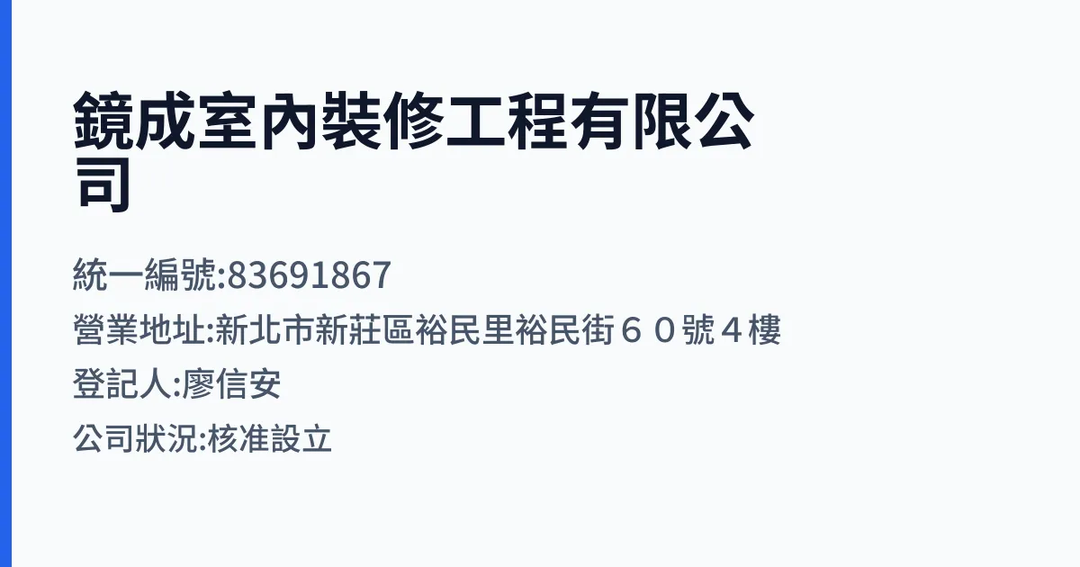 鏡成室內裝修工程有限公司 - 統編 83691867(新北市) 公司登記資料與營業項目詳細圖表