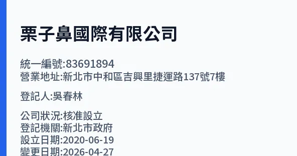 栗子鼻國際有限公司的照片-統編 83691894(新北市) 公司登記資料與營業項目詳細圖表
