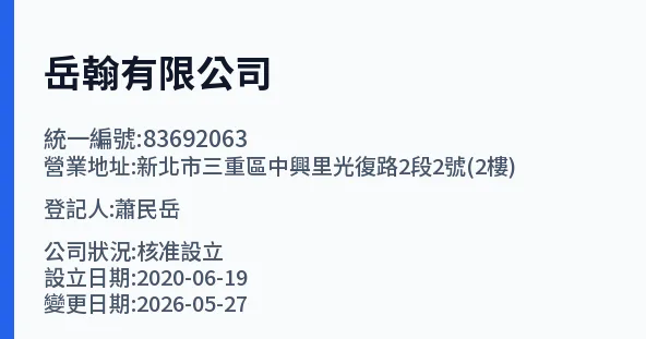岳翰有限公司的照片-統編 83692063(新北市) 公司登記資料與營業項目詳細圖表