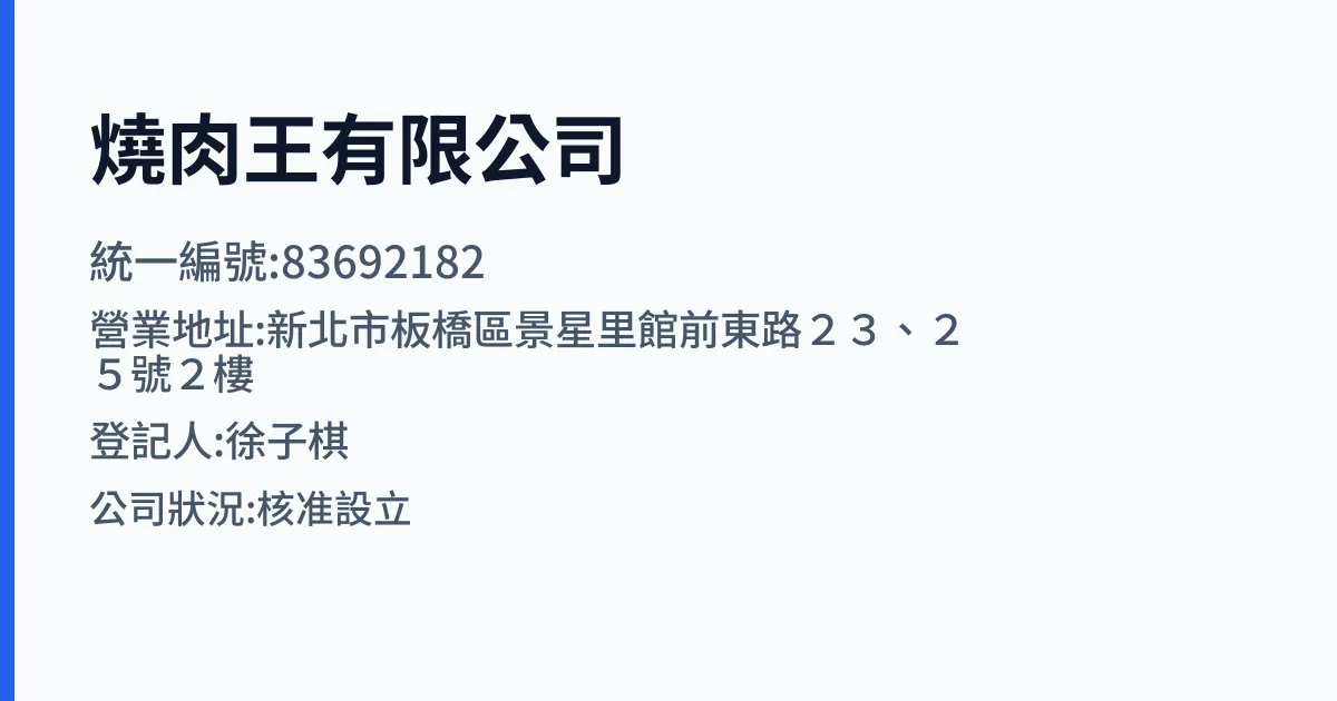 燒肉王有限公司 - 統編 83692182(新北市) 公司登記資料與營業項目詳細圖表